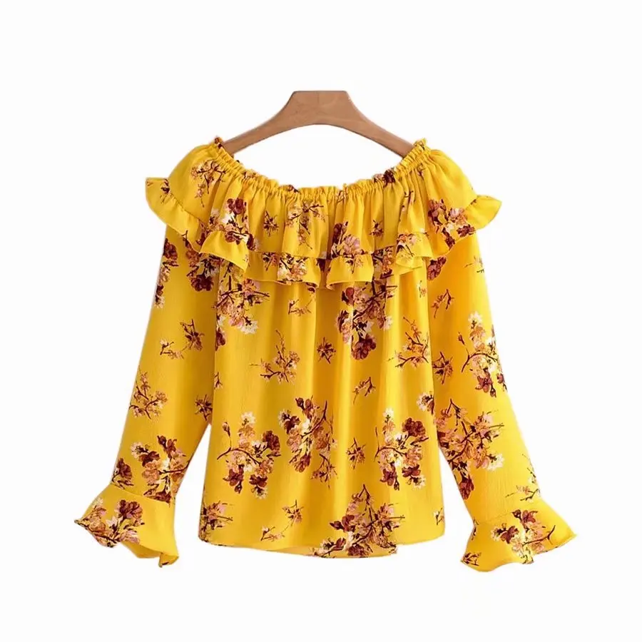 Print Ruffle Yellow Shirt Women 2018 Summer O Neck Flounce Long Sleeve ...