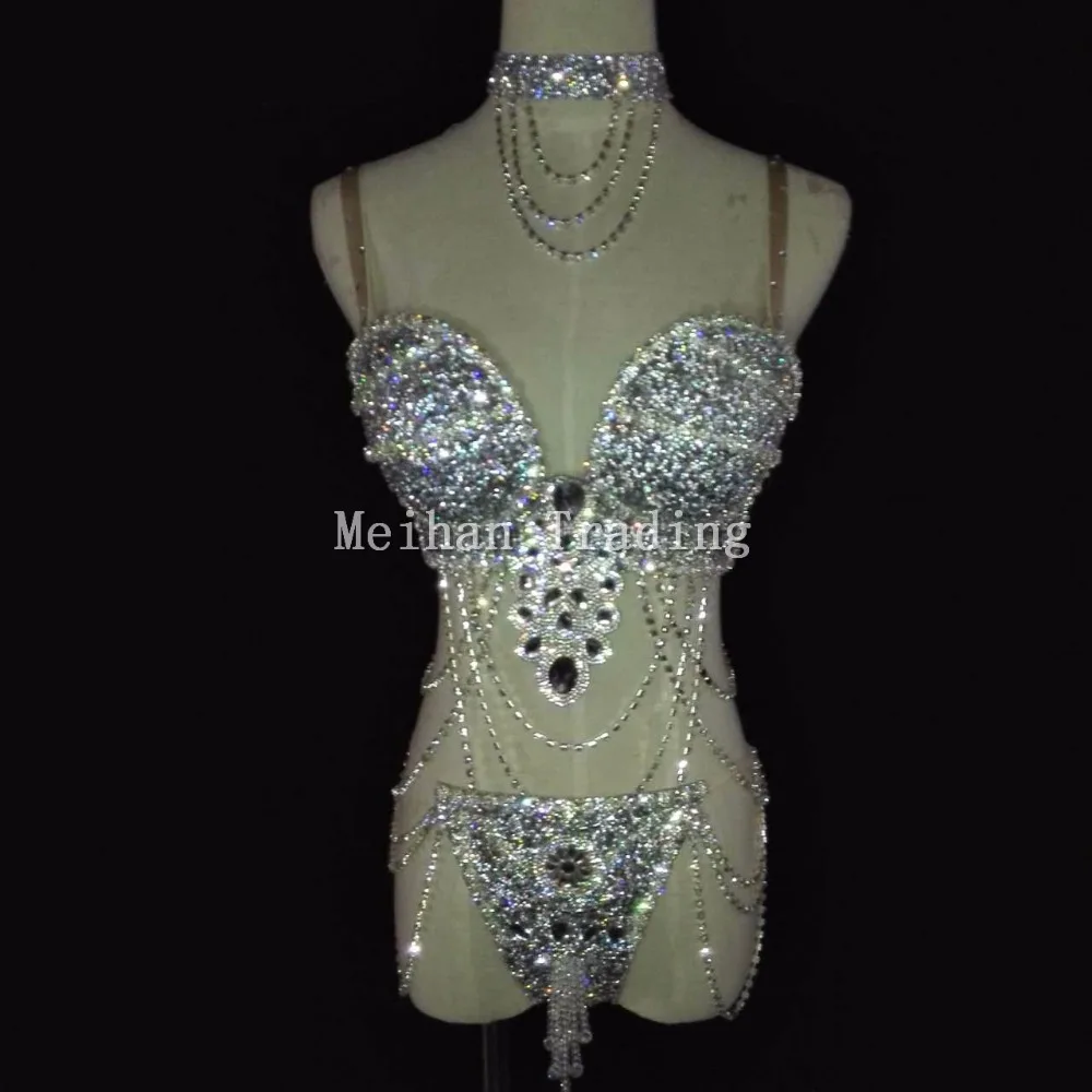 Shining Rhinestone Bikini Outfit Women Sexy Party Costumes Bra Short