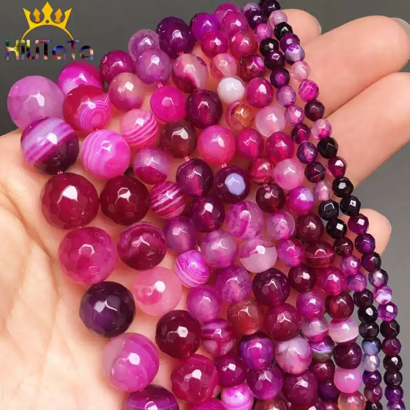 Faceted-Fuchsia-Stripes-Agates-Stone-Beads-Round-Loose-Spacer-Beads-For ...