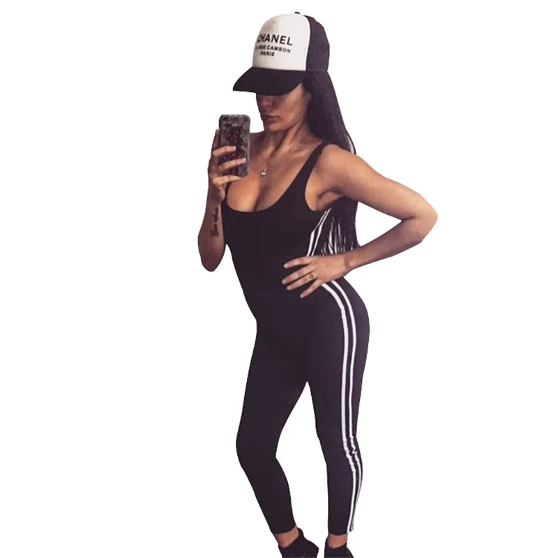 2018 Women Fitness Jumpsuit Side Stripped Backless Patchwork Bodycon