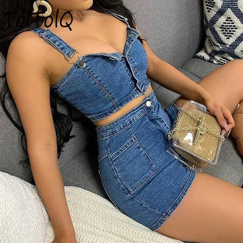 Sexy Women Two Piece Set Summer Denim Set Sleeveless Jeans Top Blue