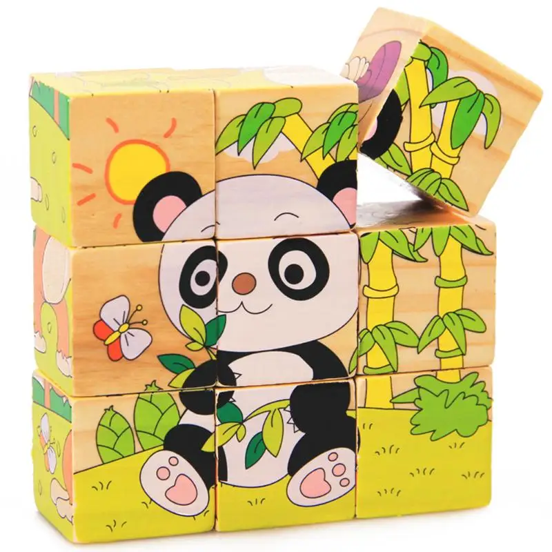 9Pcs/Set 3D Puzzle Wooden Toys Six Sides Animal Pattern Wood Cube ...
