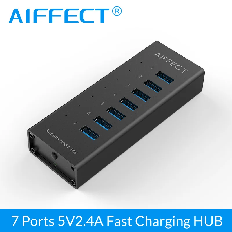 Aiffect 7 Port Super Speed Aluminium BC1.2 USB Ports De Charge avec USB 3.0 Hub 12 V 2A pour ...