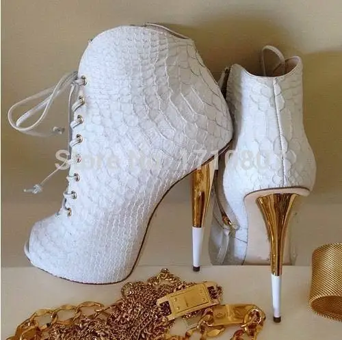 White Skin High Heels Booties So Cute Lace Up Peep Toe Gold Sole ...