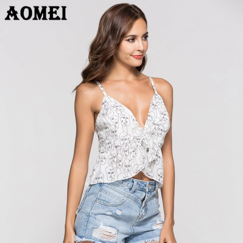 Women Sexy Ruffles Printed Tank Tops Deep V Plunge Neck Backless Summer Vacation Crop Tops Cami
