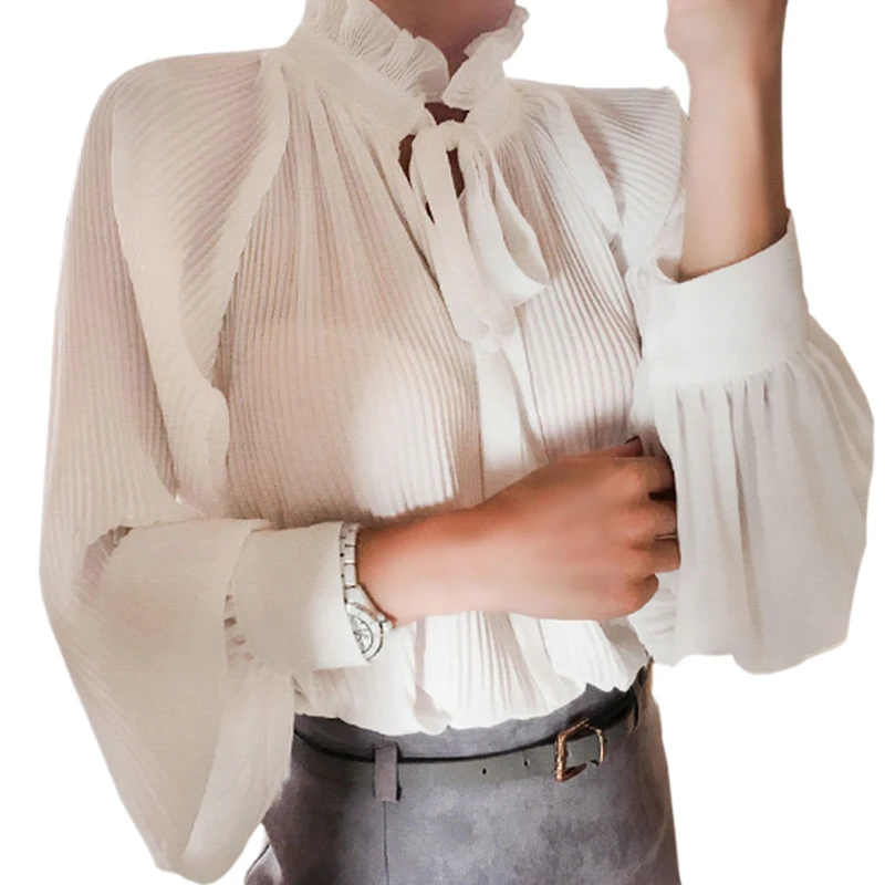 Ruffled Collar Lantern Sleeve Blouse Women 2018 Spring Solid Color Bow