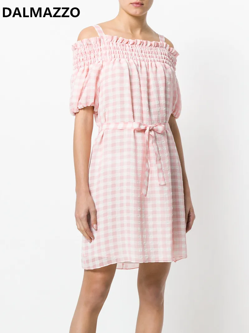 2018 High end Design New Summer Sweet Women Pink Plaid Dress Off ...