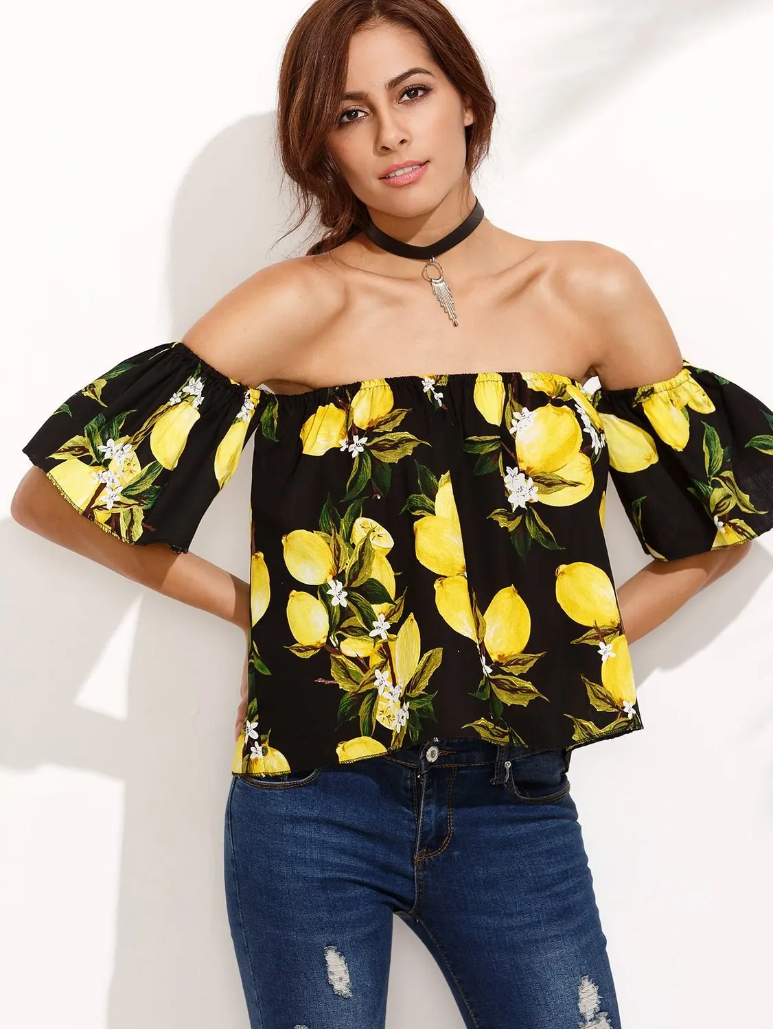 Women's Casual Lemon Flora Print Off Shoulder Flare Sleeve Top Loose ...
