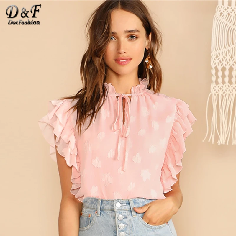 Dotfashion Pink Frill Tie Neck Textured Leaf Layered Ruffle Sleeve ...