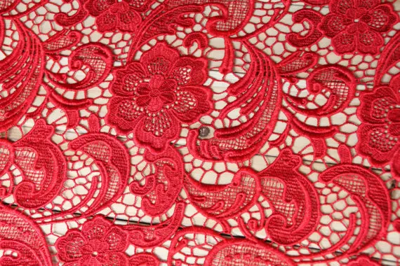 Rojo Encaje tejidos bordados flores ahuecado Florals vestido Encaje ...