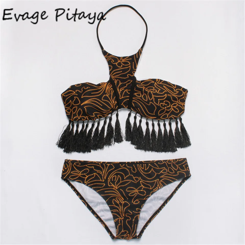 Balck Bikini Top Brazilian Bikinis Women 2017 Fringe Bikini Print Women