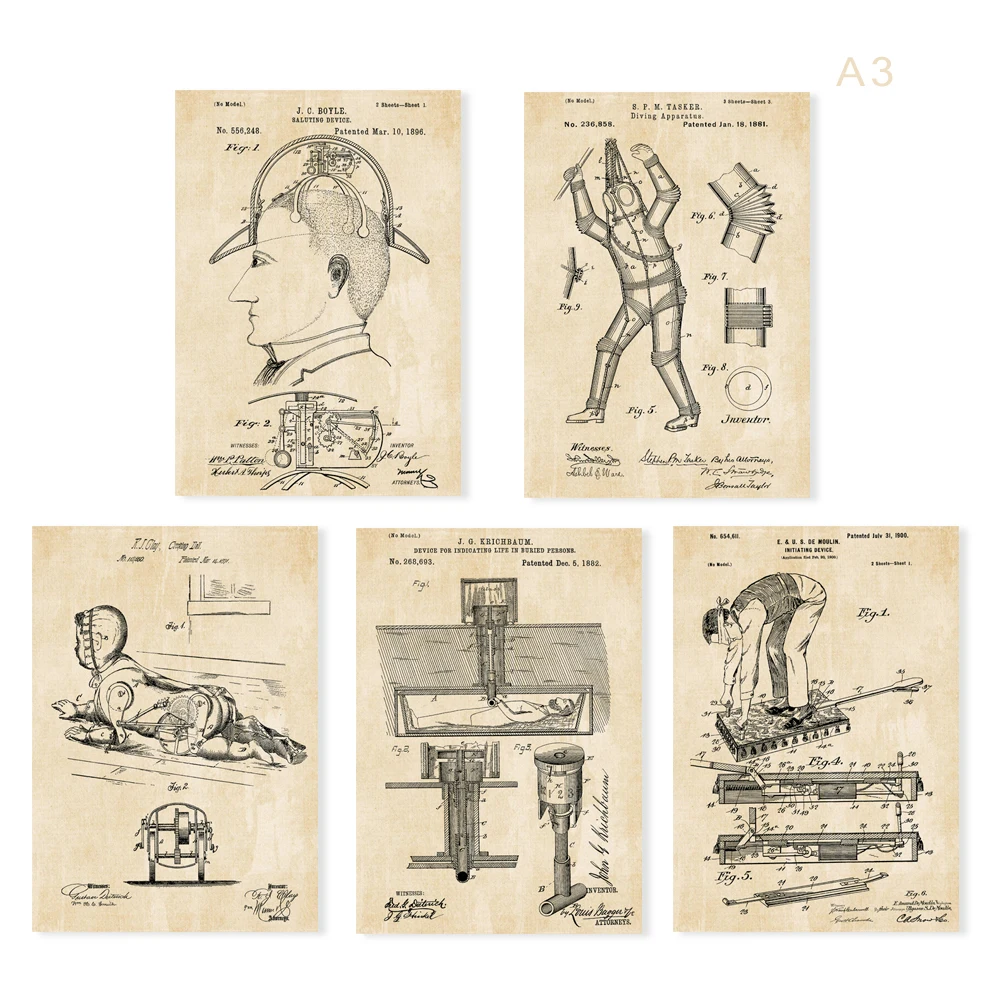 Vintage Funny Weird Patent Sketch Up In Earlier 20th Poster Set 5 In 1 ...