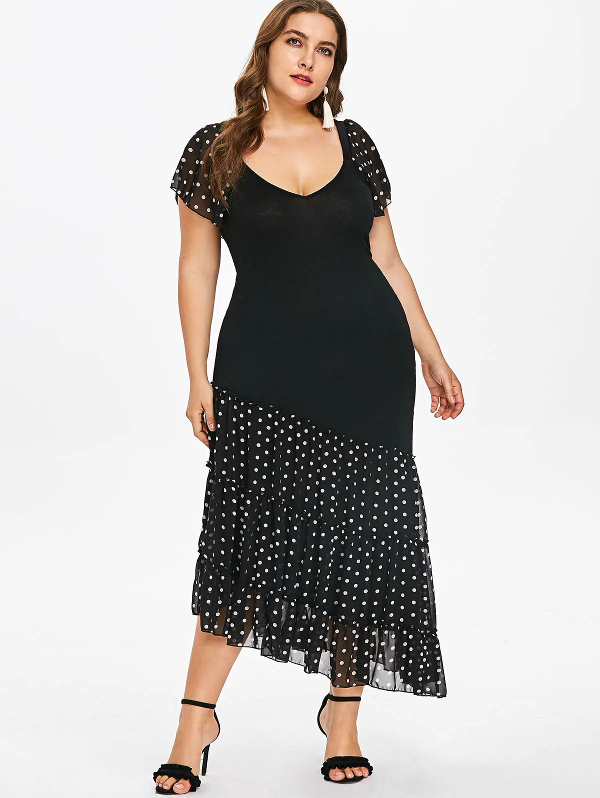 Wipalo Plus Size 5xl Polka Dot Print Open Back Asymmetric Dress