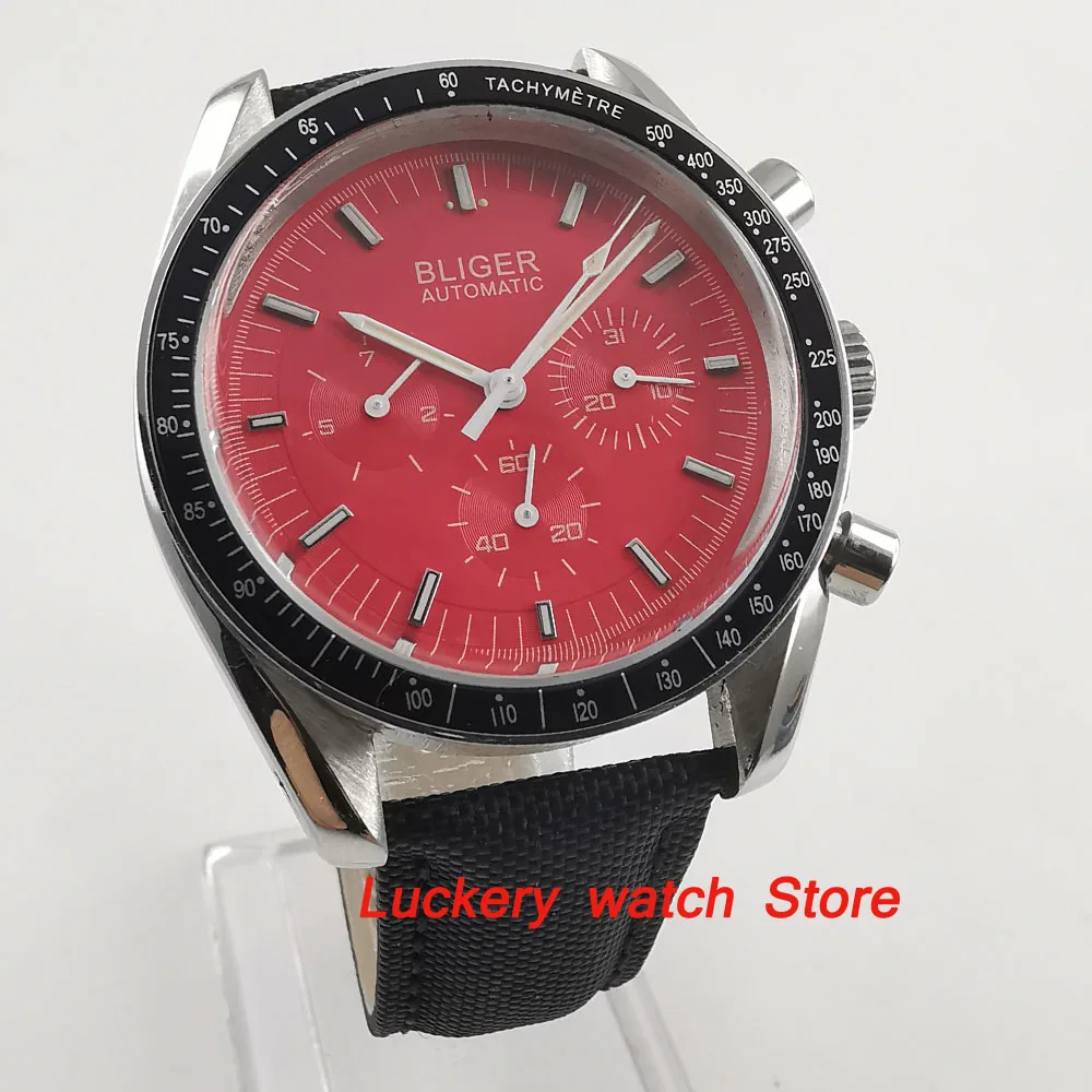 40mm bliger watch red dial Arched glass Multifunction date Automatic ...