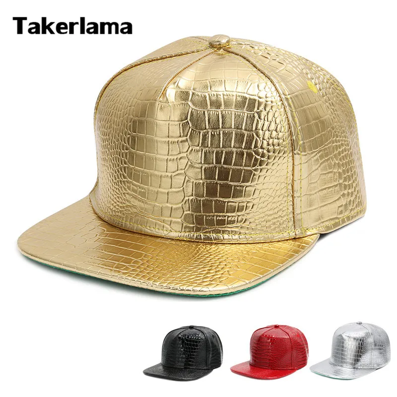 Takerlama Fashion Hip Hop Hat PU Leather Flat Baseball Caps Metal Color ...