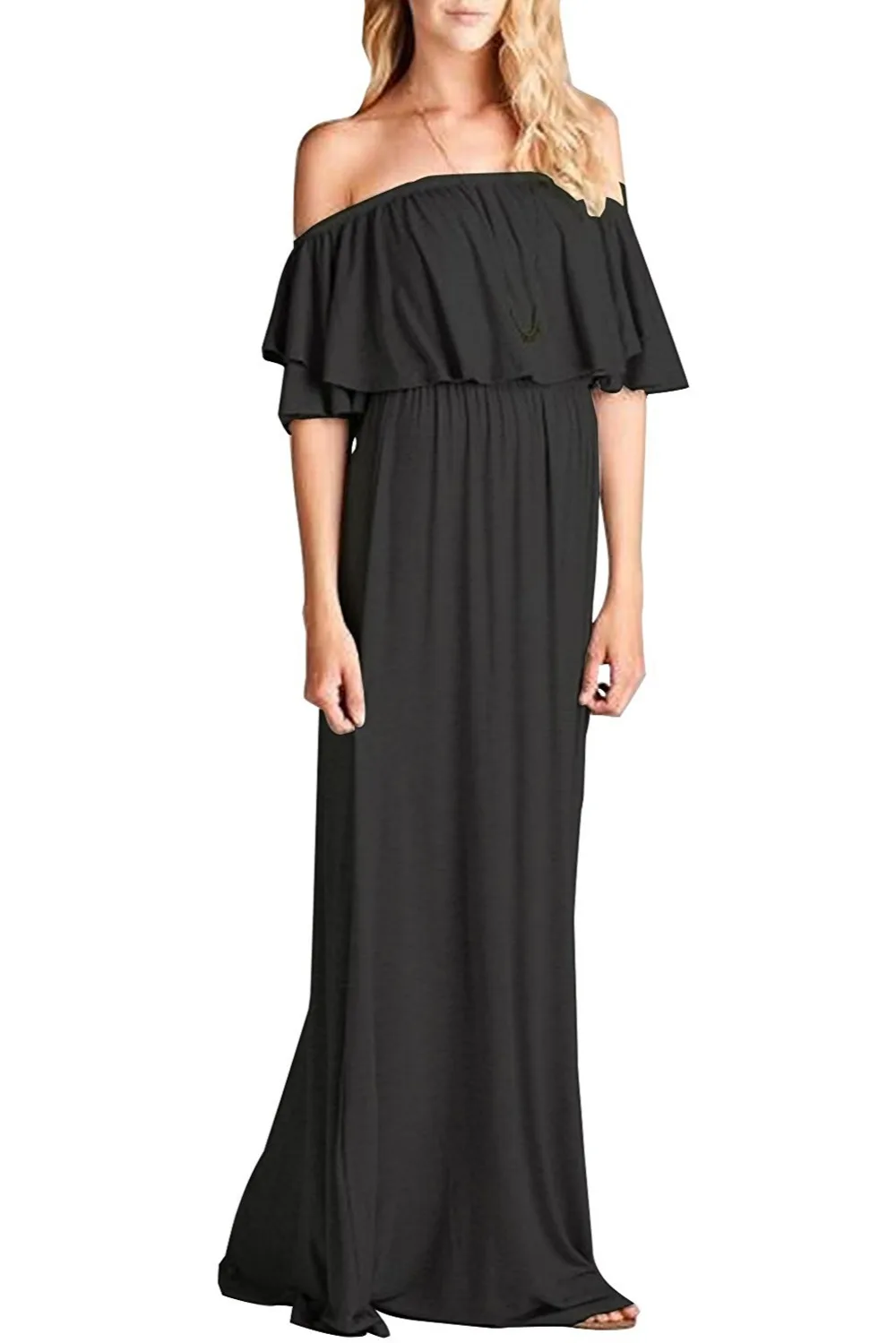 2018 New Arrival Summer Womens Casual Black Off Shoulder Ruffle Maxi