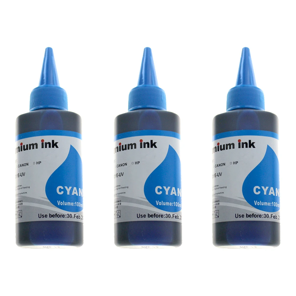 3x100ML Refillable Dye Ink Cyan for Epson Canon HP Brother Lexmark DELL ...