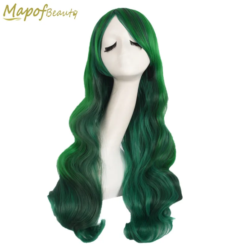 28 Long Wavy Wigs Dark Green Color Synthetic Hair Women Cosplay Wig Costume Party Female Heat