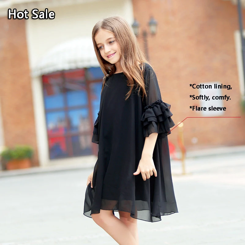 Girls Dress 8 10 12 14 15 years Summer Flare Sleeve Chiffon Black Dress ...