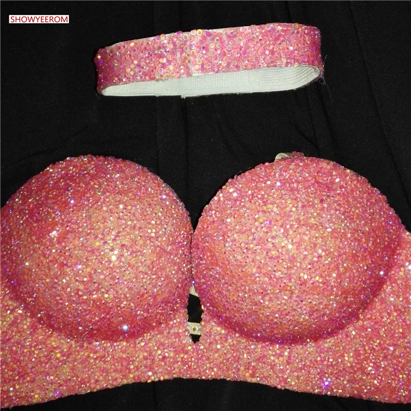 Shining Rhinestone Bikini Outfit Women Sexy Party Costumes Bra Short