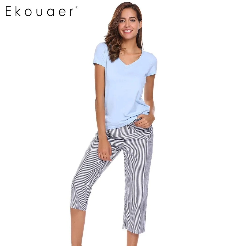 Ekouaer nouveau pyjama décontracté femmes à manches courtes col en v ...