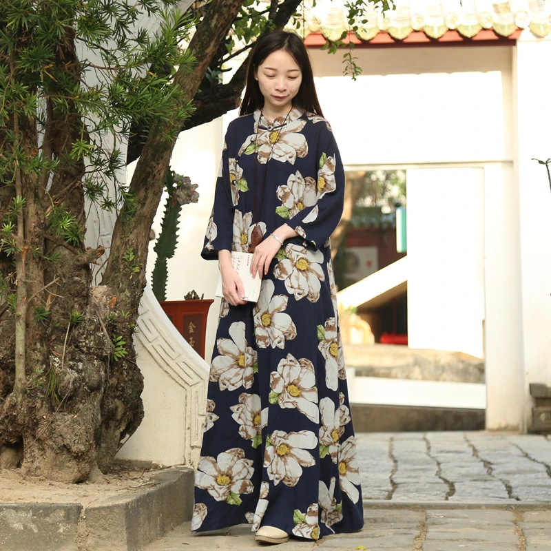 Vestido largo de lino y algodón con estampado de Flores Magnolia para mujer, traje Retro de ...