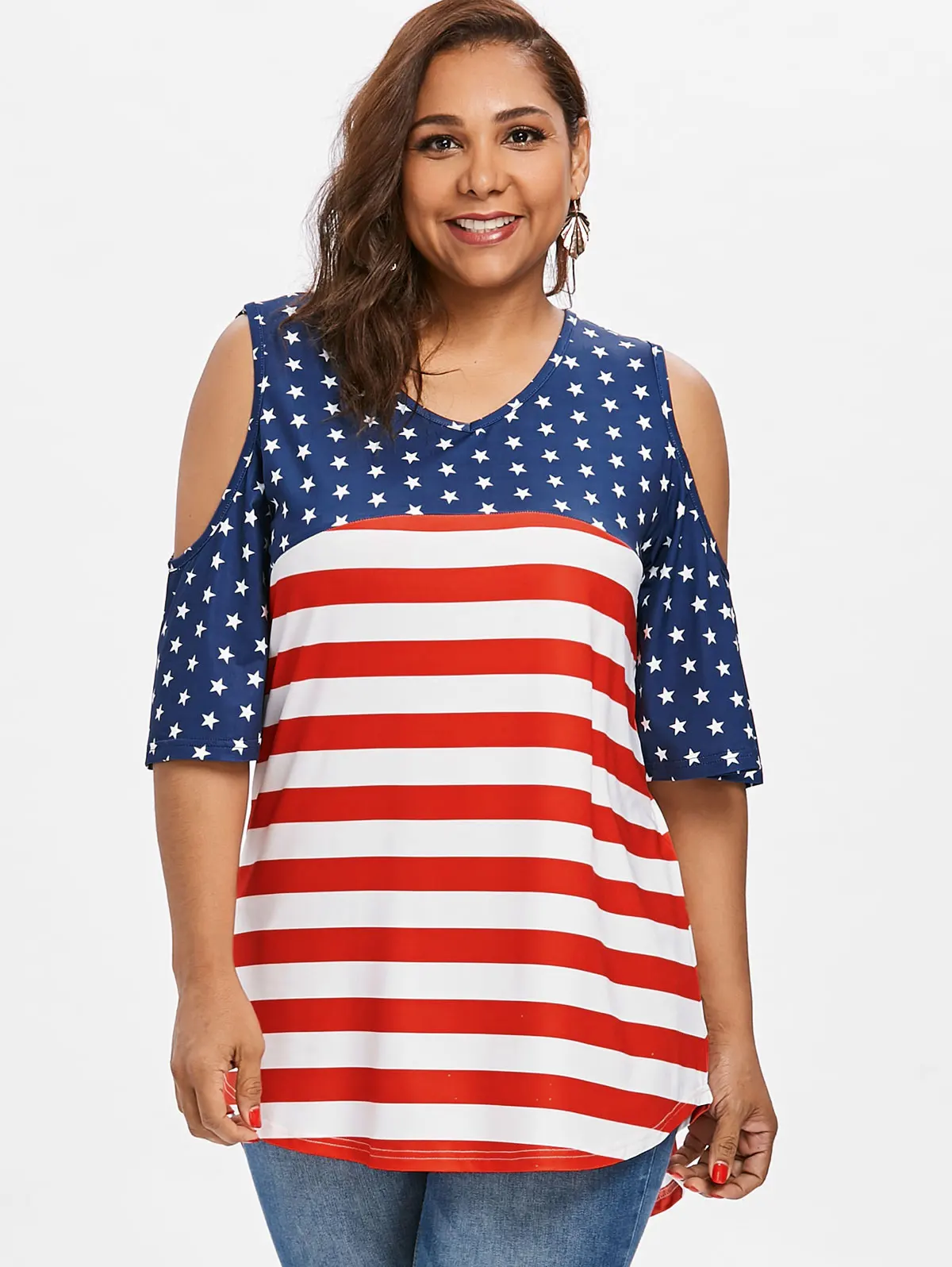Gamiss Women Summer Plus Size 5xl American Flag Open Shoulder Patriotic