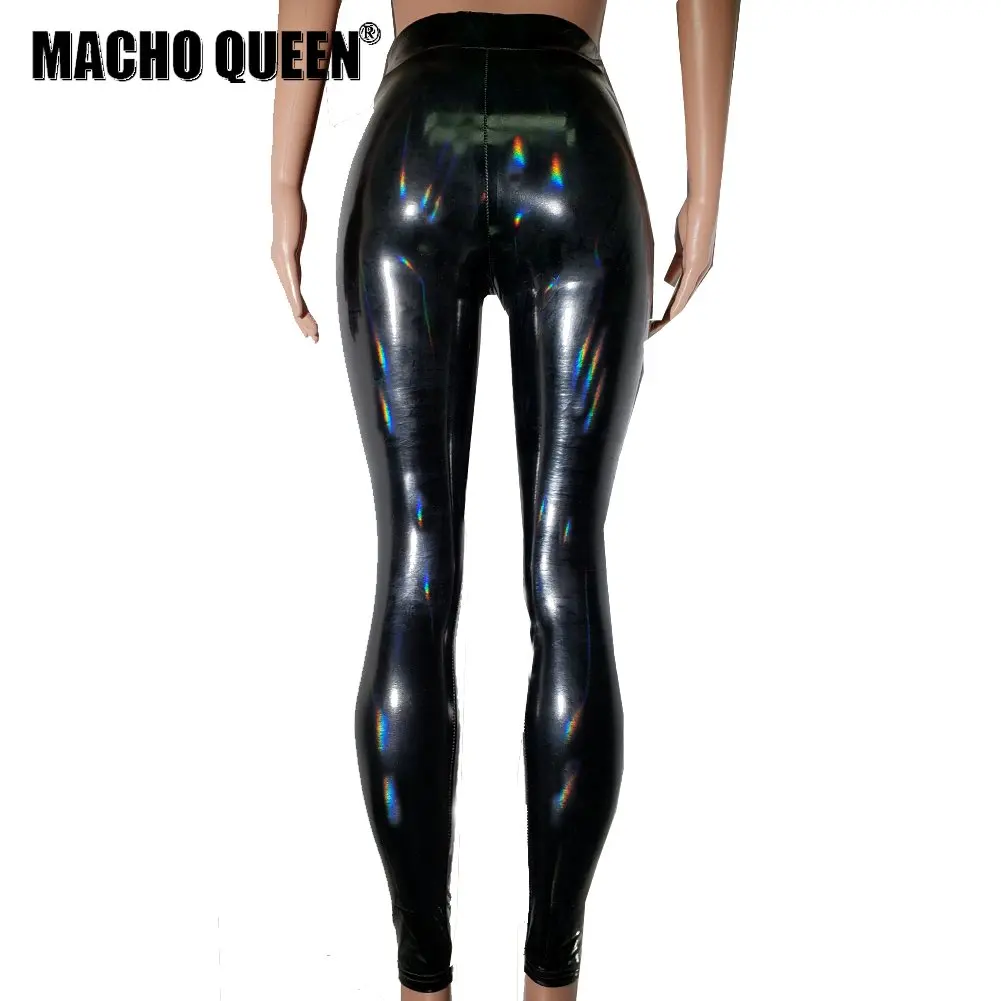 Holographic Latex Wetlook Black High Waist Leggings Clothing Women Rave