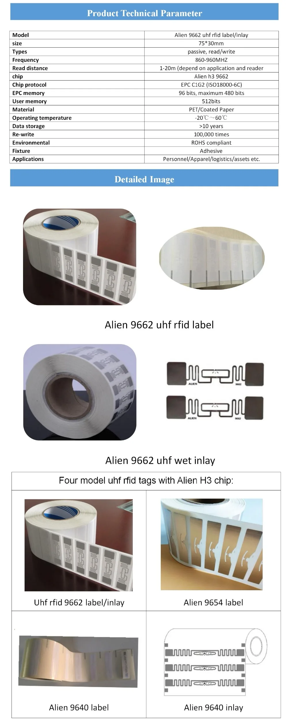 Одежда для одежды 10 м расстояние Alien H3 чип RFID, смарт-этикетка ...