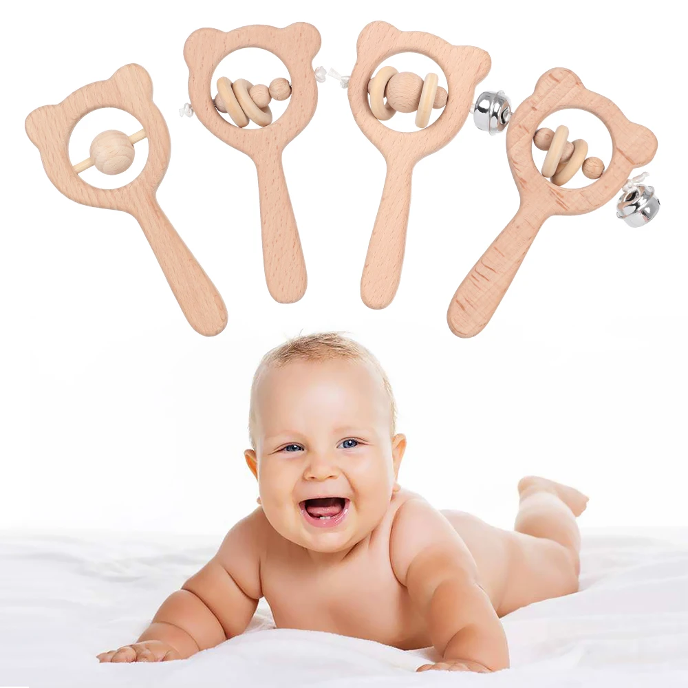 2018NEW Wood Baby Ring Rattles Toys Beech Bear Hand Teething Stroller ...
