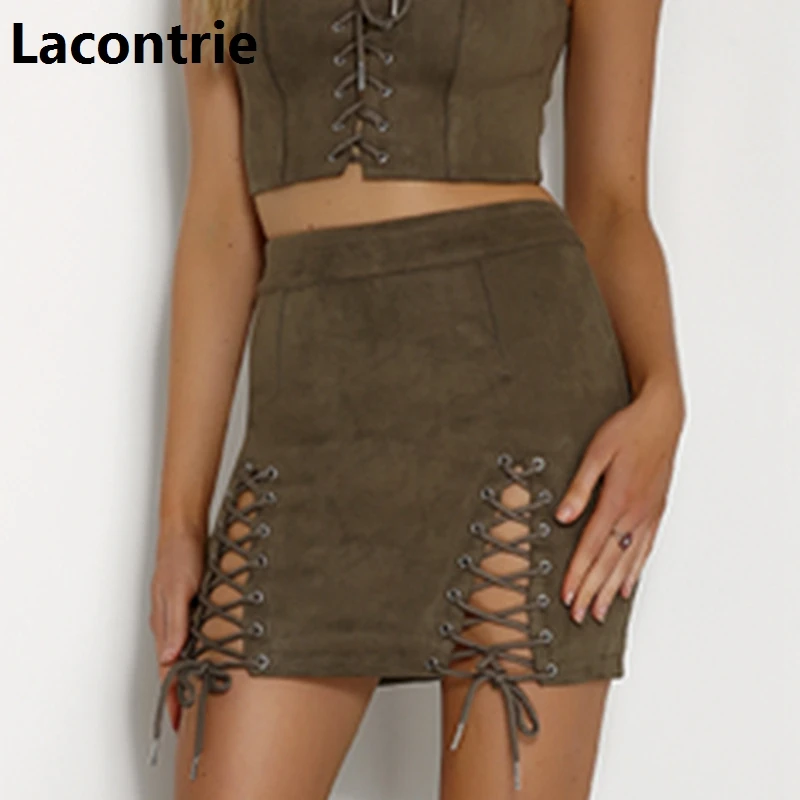 Buy Lacontrie Women Cross Bandage Mini Skirts Chamois Lace Up Patchwork Skirt