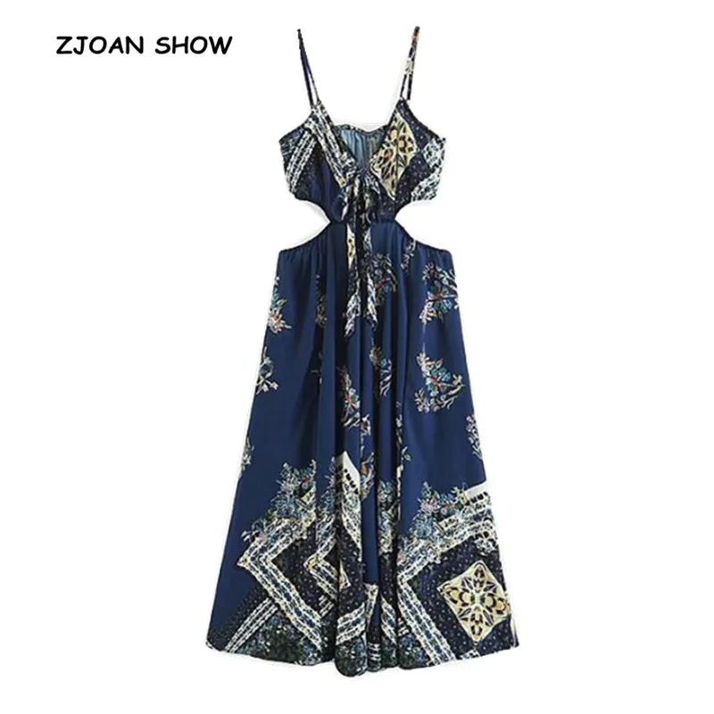 Buy Bohemian Lace Up Bow V Neck Flower Print Jumpsuit