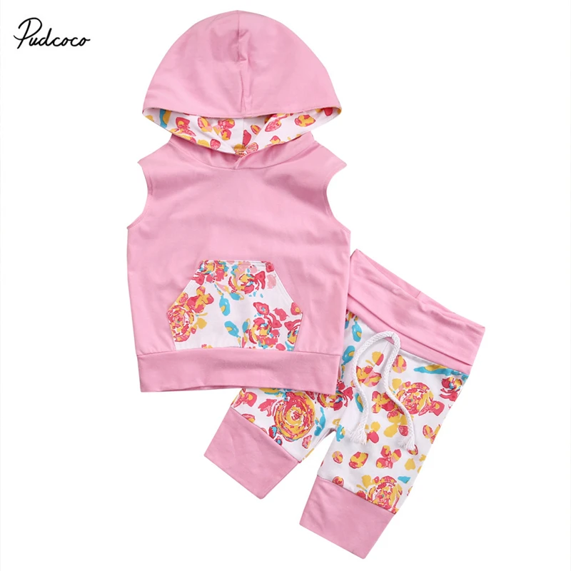 Algodón Casual niños niñas sin mangas sudaderas Tops + Pantalones florales 2 uds trajes ropa ...