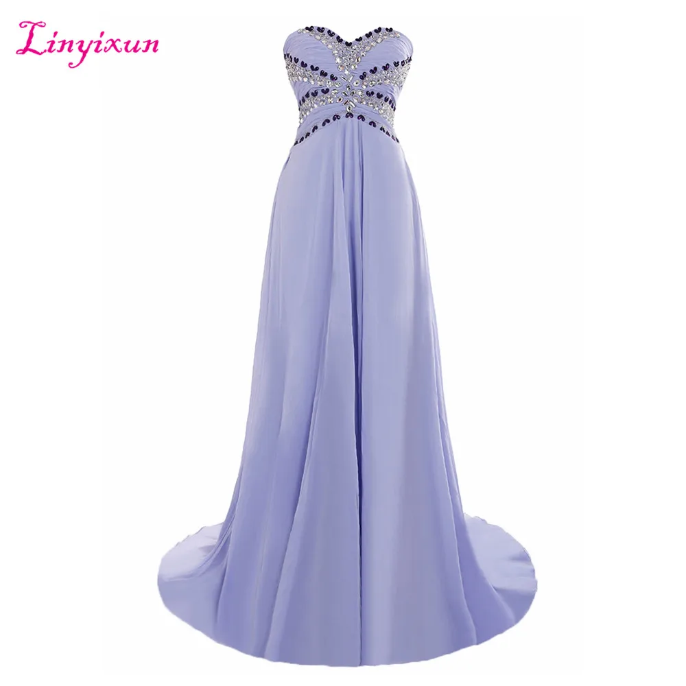 Linyixun Real Photo Lavender Chiffon Long Prom Dresses 2017 With Beaded