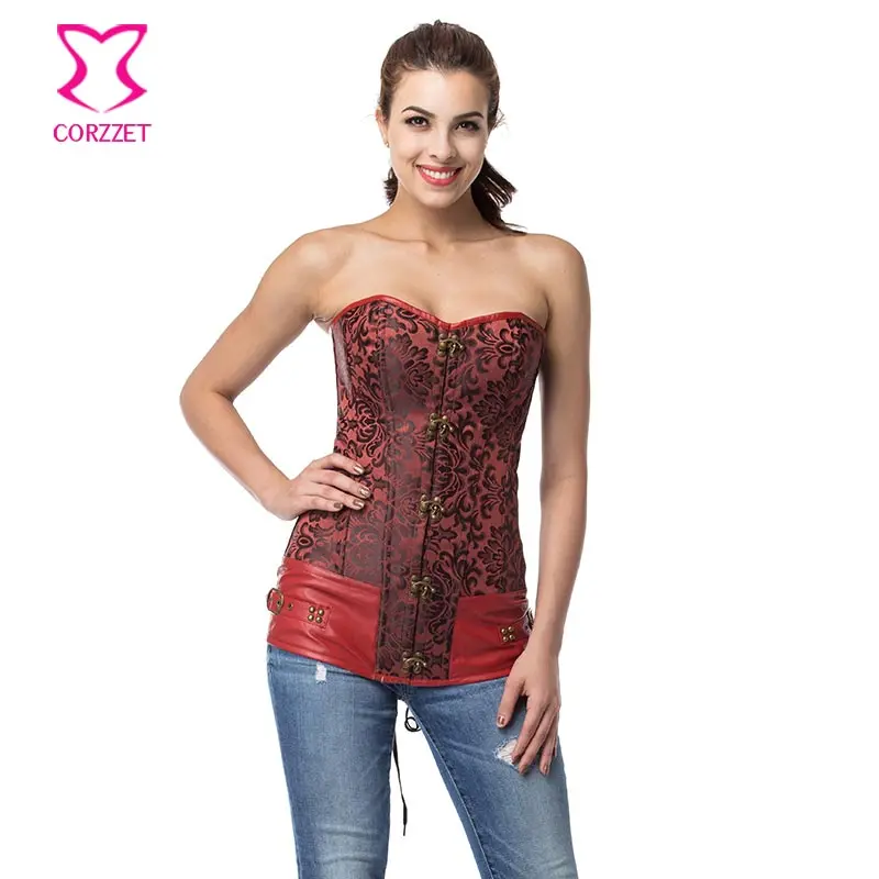 Red Floral Brocade Long Corset Tops Gothic Steampunk Clothing Burlesque