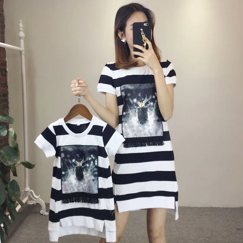 Family Look Mom and Daughter Dress Baby Girl Striped Clothes Cat Mommy ...