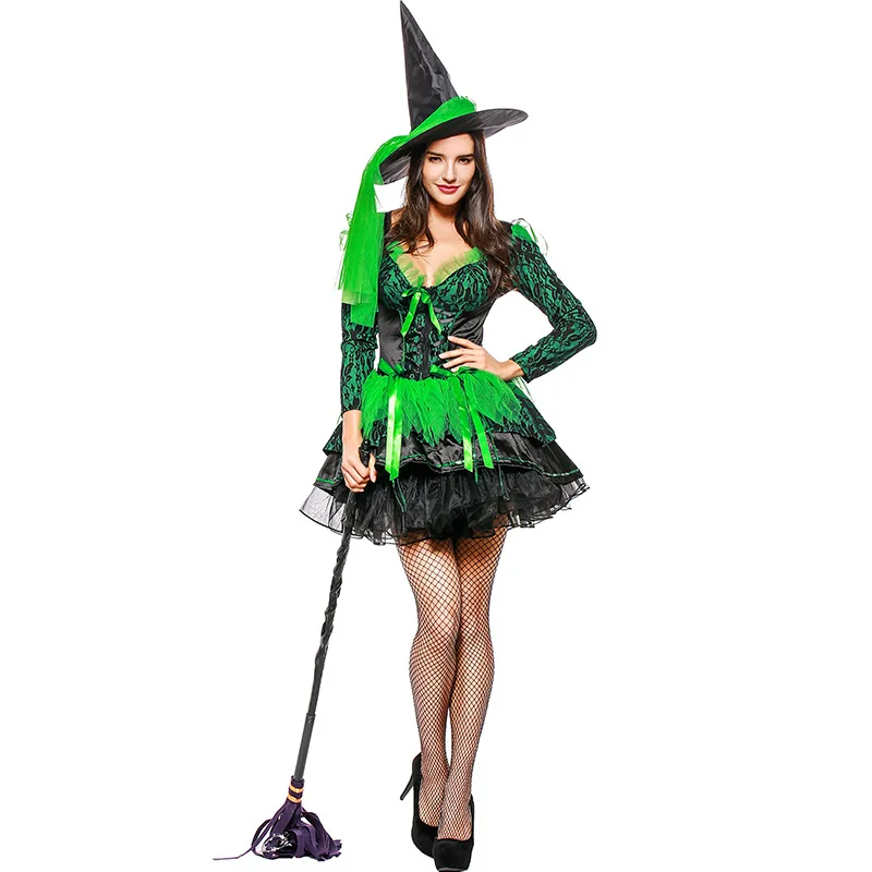 Adult Womens Green Fancy Dress Sexy Witch Halloween Cosplay Costume On