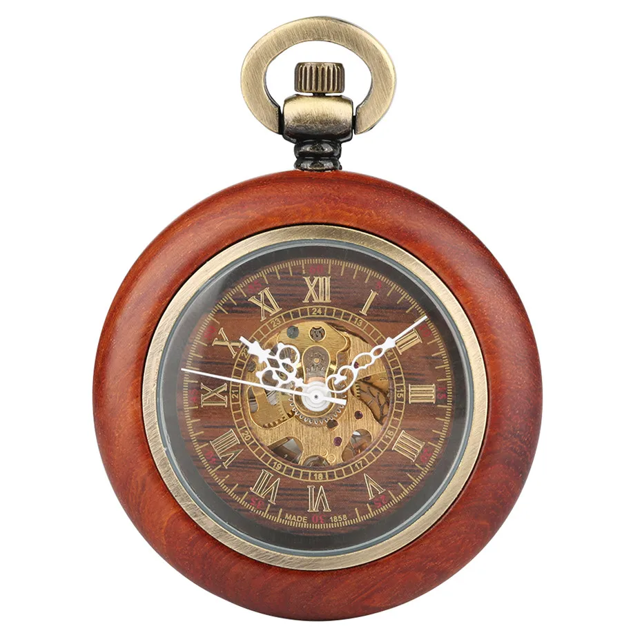 Vintage Red Wooden Case Mechanical Pocket Watch Chain Automatic Self ...