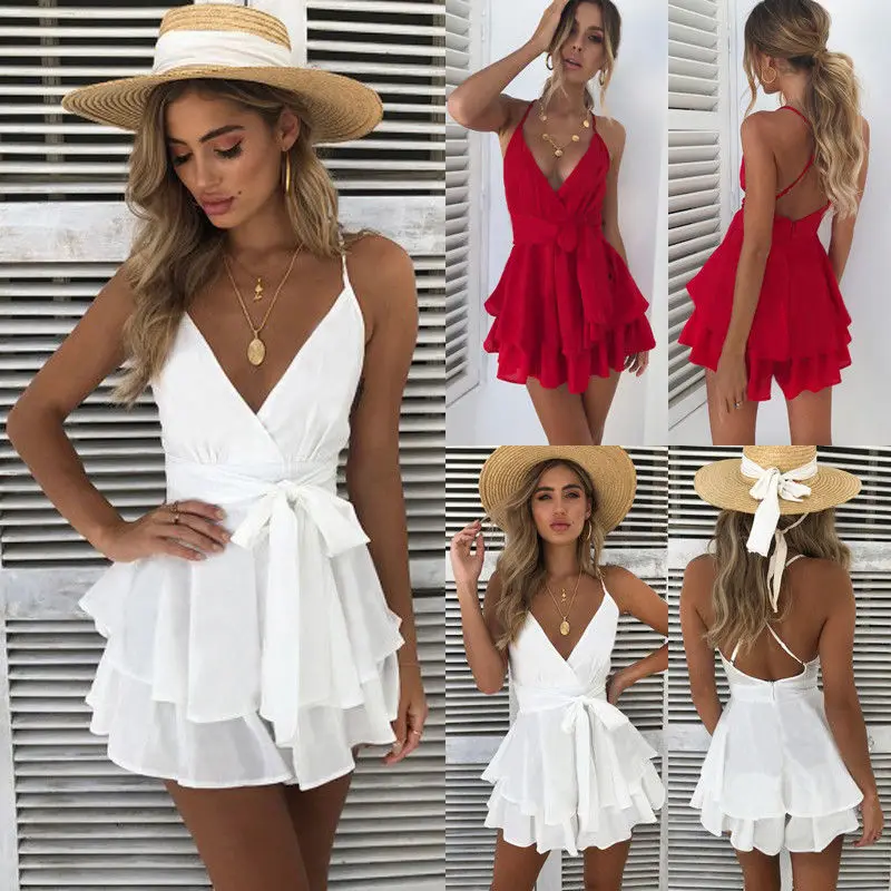 Women Mini Short Dress Summer Halter V Neck Bandage Ruffles Short ...