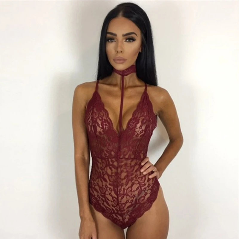 Women Sexy Lingerie Lace Teddies Deep V Neck Halter Women Bodysuits