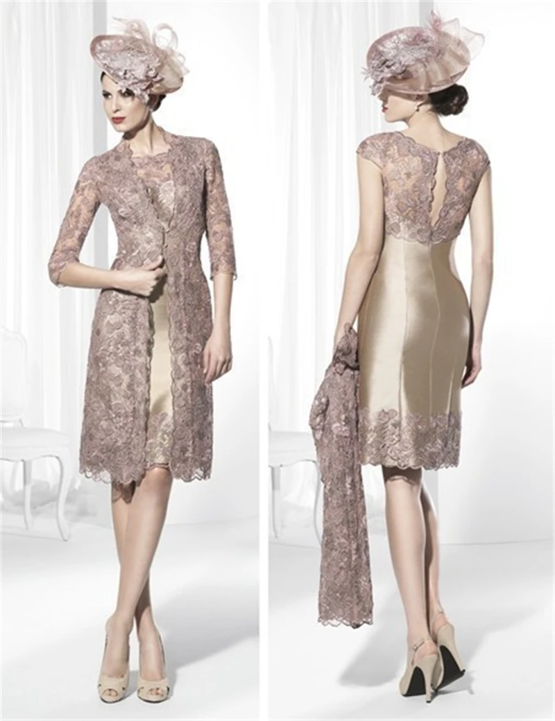 Champagne Lace Mother of the Bride Dresses with Long Jacket Knee Length ...