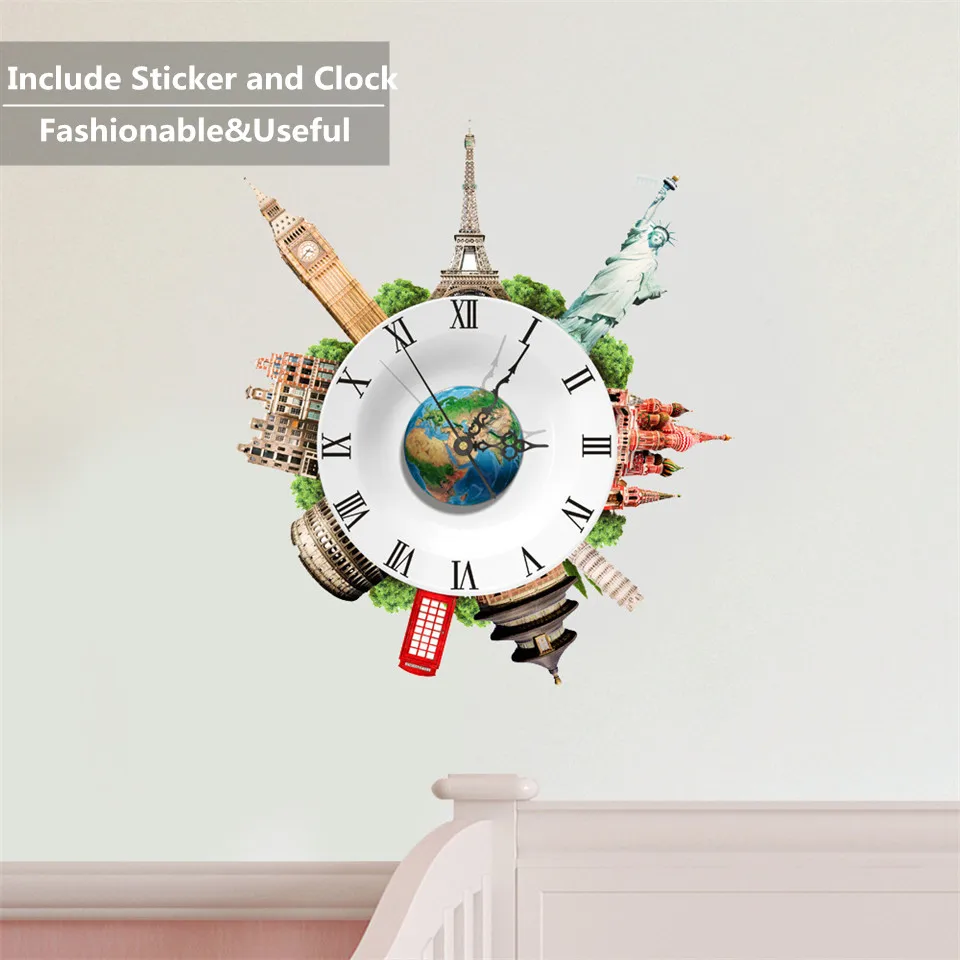 Famous Building Novelty Self Adhesive Wall Clock 3D Stickers Livingroom ...