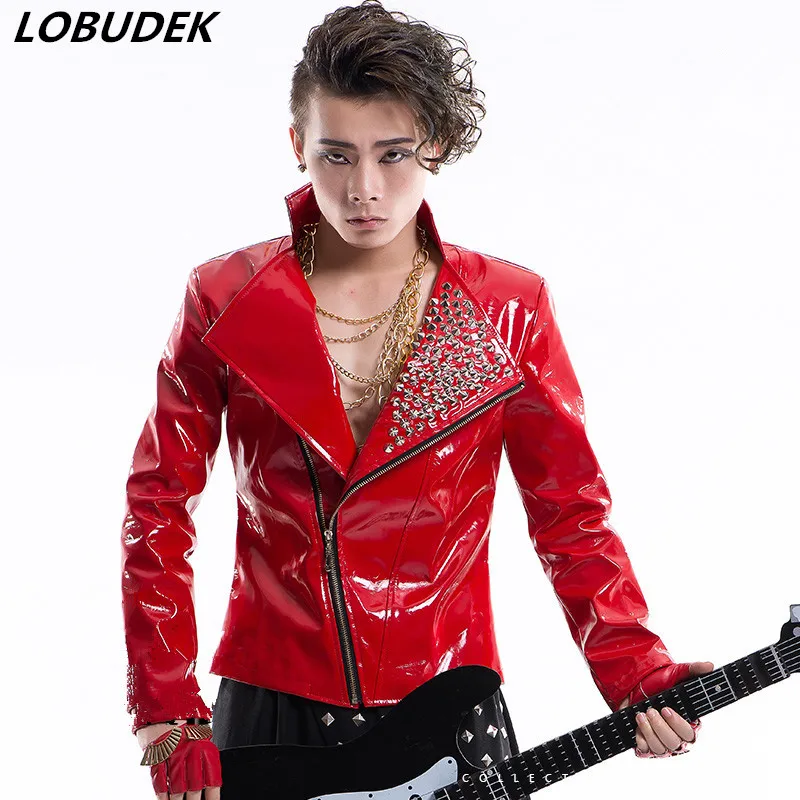 Red Rivet PU Leather Jacket Men DJ Singer Dancer Rock JAZZ performance ...