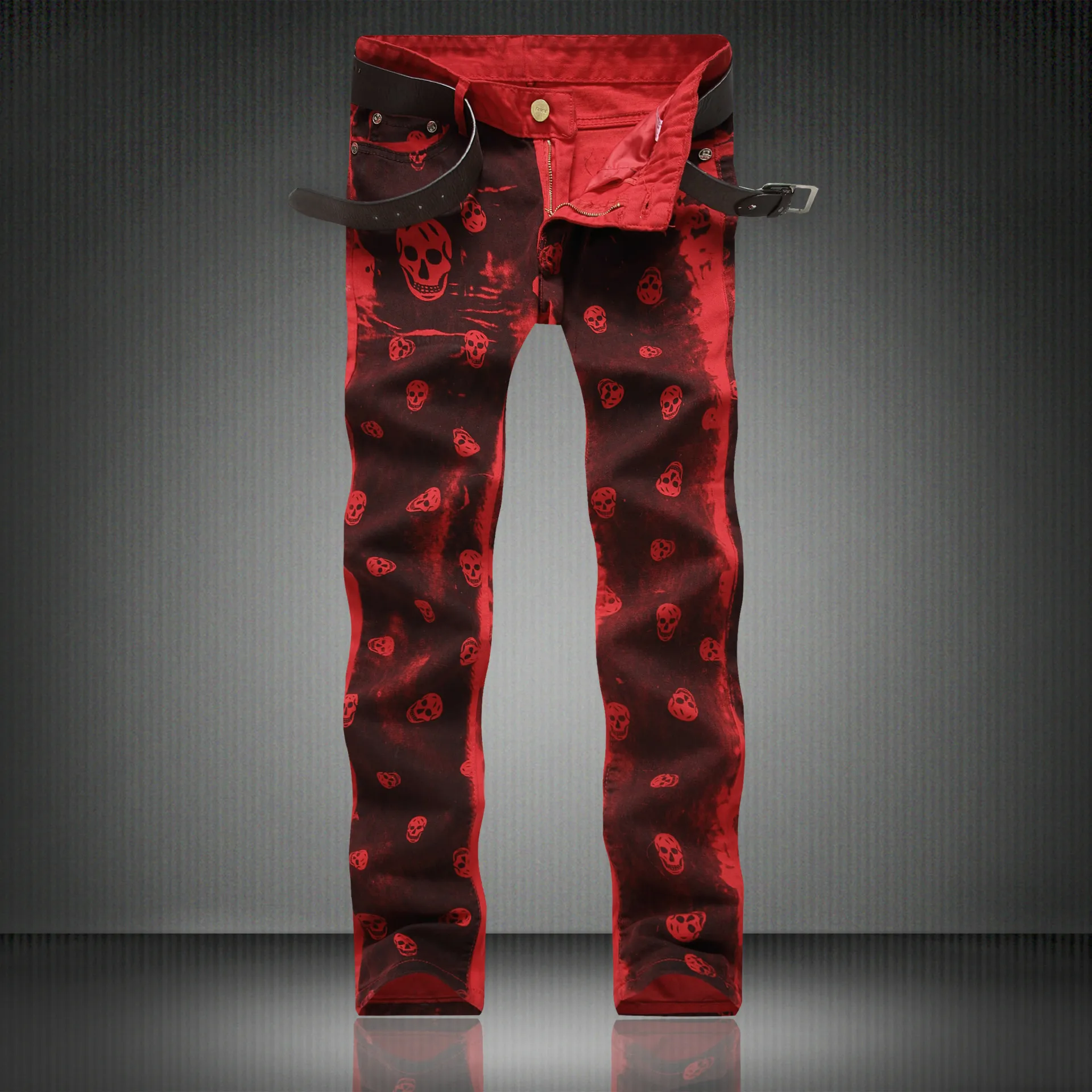 High Quality Red Skull Print Jeans Men Moto Zipper Rap Jeans 2017 New ...