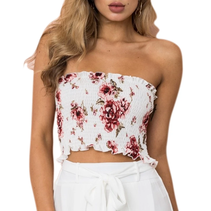 Sexy Women Elastic Ruched Camis Floral Print Bra Bustier Crop Top