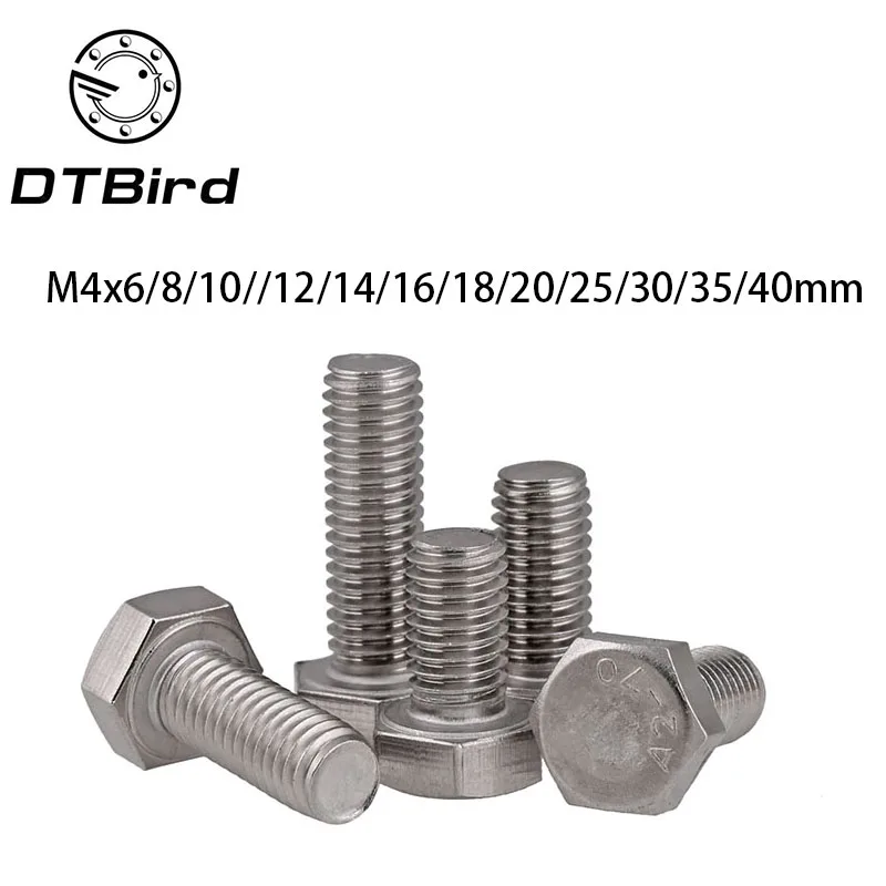 100pcs DIN933 M4 4mm 304 stainless steel hex bolt M4*6/8/10/12/1/16/18 ...