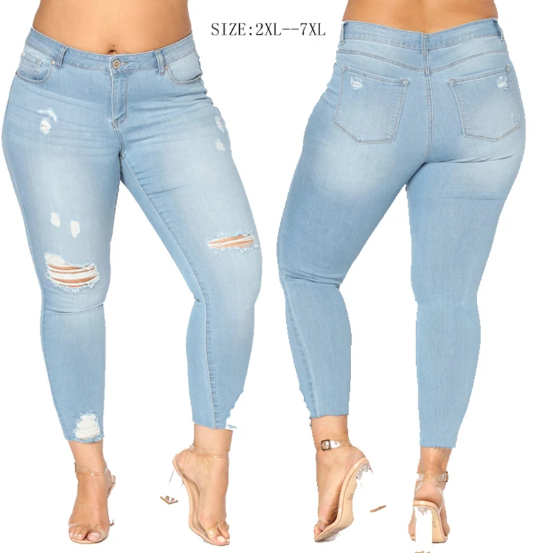 Plus Size Jeans Women High Waist Skinny Pencil Blue Denim Pants Women
