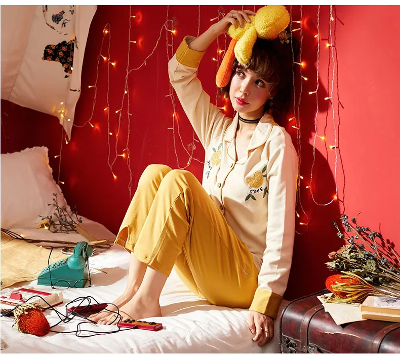 High Quality Fashion Women Home Wear Pajamas 100 Cotton Two Pieces Fall ...