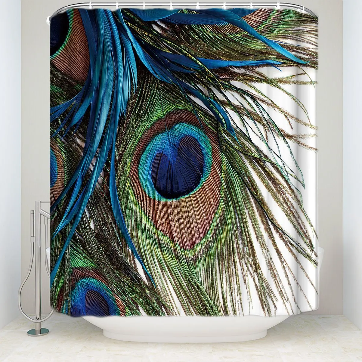 Peacock Polyester Shower Curtain Peacock Feather Eye Waterproof Fabric Bathroom Decor In Shower