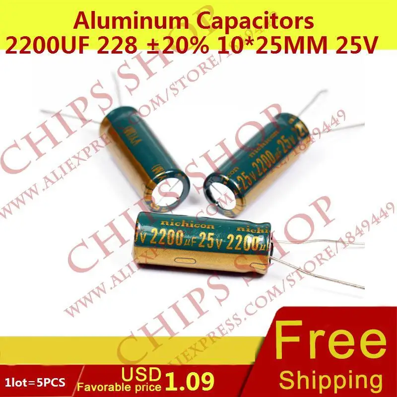 1LOT=5PCS Aluminum Capacitors 2200uF 228 20% 10*25mm 25V 2200000nF ...